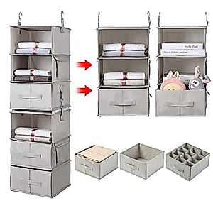 Vailando 6-Shelf Hanging Closet Organizer, 2 Separable 3-Shelf Hanging Shelves with 3 Drawers for Wardrobe, Nursery, Baby Clothes Organization and Storage