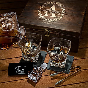 Personalized Whiskey Decanter and Stones Set - Customized Gift for Men, Dad, Father - Engraved Rocks Whiskey Decanter, 2 XL Glasses, 8 Whisky Cubes, 2 Coasters, Tongs, Pouch in Wooden Gift Box