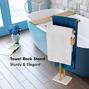 WAYDELI Standing Towel Rack Double-T Shape Tall Bath Towel Sheet Holder with Marble Design Base for Bathroom 2 Tier Towel Holder Stand Stainless Steel (Brushed Gold)