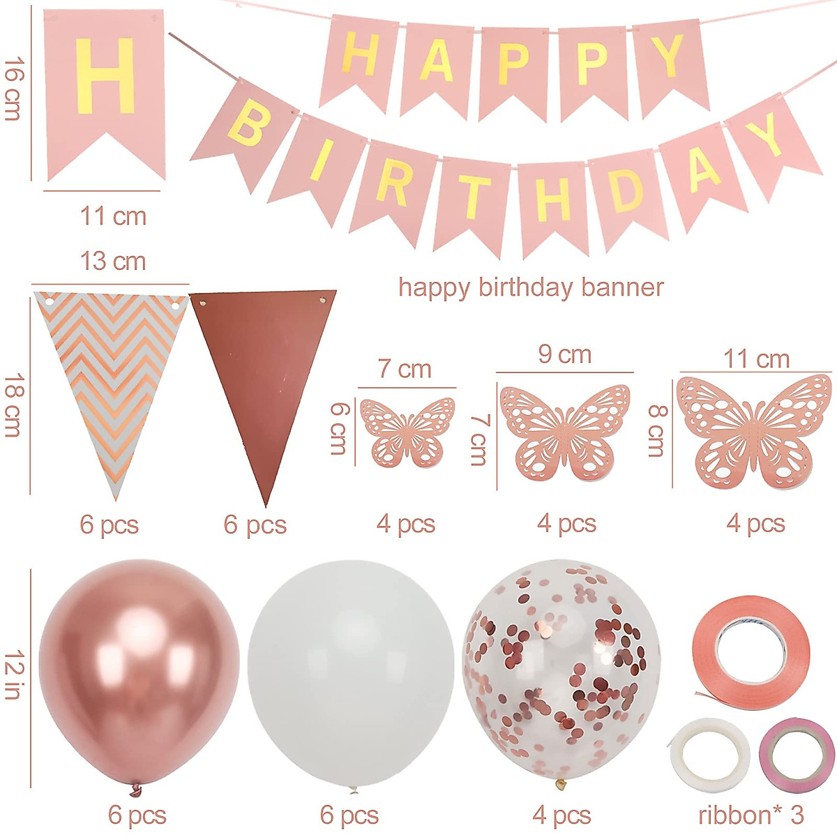 Rose Gold Birthday Decorations for Women, Happy Birthday Banner for Girls' Party Decorations with Balloons, Pennant Banner Flags and Rose Gold Butterfly Decorations