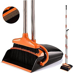 Broom and Dustpan Set - Upright Dustpan and Broom Combo Set - Self Cleaning with Dustpan Teeth Standing Dust Pan for Home Kitchen Easy Assembly, Orange