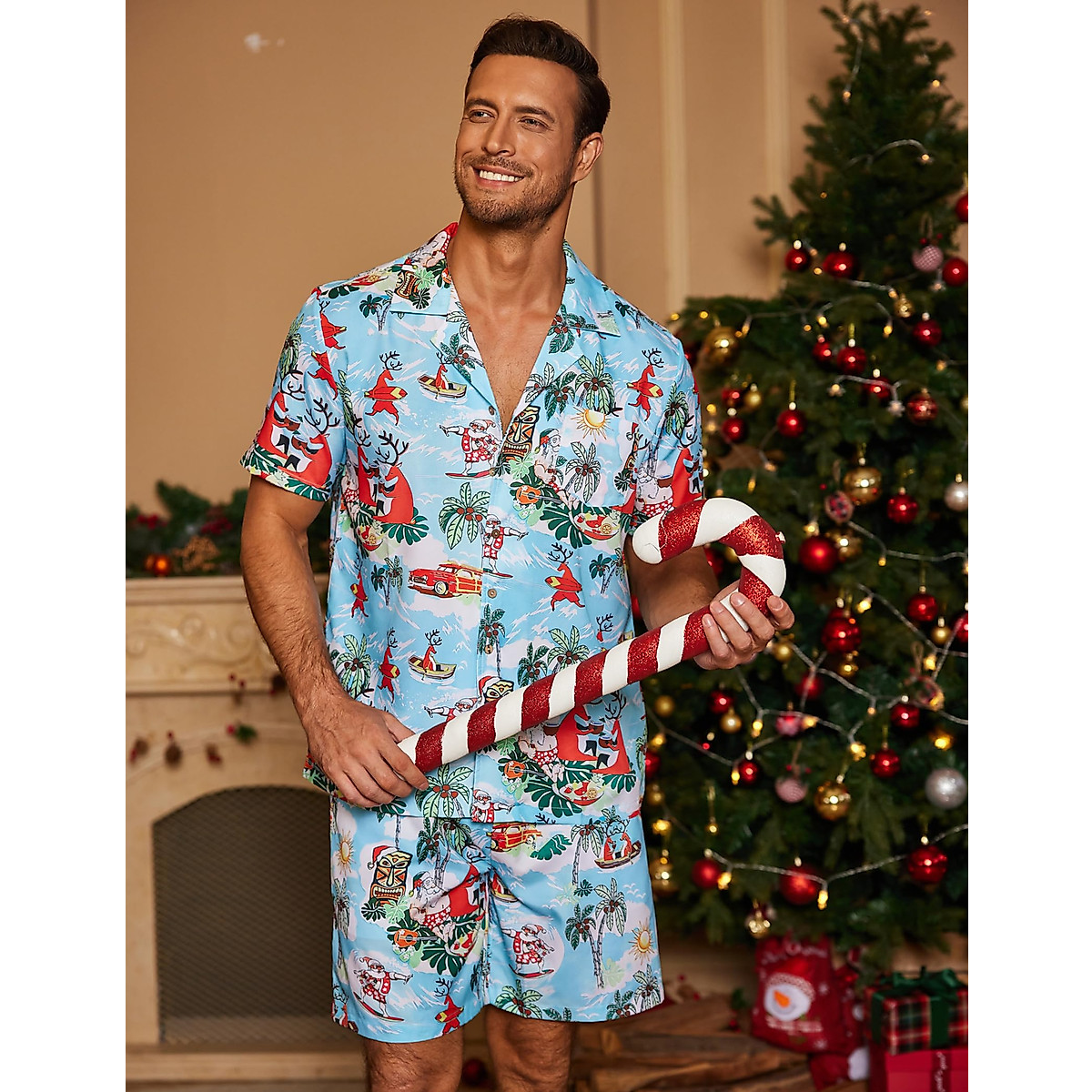 COOFANDY Christmas Sets For Men Short Sleeve Button Down Santa Vacation Shirts 2 Piece Outfits