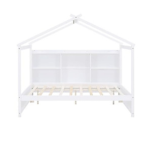DEYOBED Full Size House Bed with Storage Shelves and Twin Size Trundle, Wooden Full Playhouse Bed, Canopy Bed, House Shape Bed Frame for Kids Boys Girls, No Box Spring Needed, Brushed White