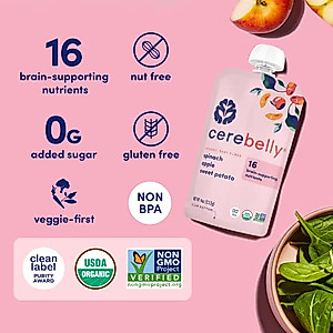 Cerebelly Baby Food Pouches – Spinach Apple Sweet Potato (4 oz, Pack of 6) - Toddler Snacks - 16 Brain-supporting Nutrients from Superfoods - Healthy Snacks, Gluten-Free, Non-GMO, No Added Sugar