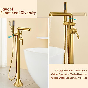 SOEBIZ Free Standing Tub Faucet, Brass Freestanding Bathtub Faucets Floor Mounted Brushed Gold Tub Filler with Swivel Spout and Hand Shower, Flow Max 6.5 GPM@60PSI
