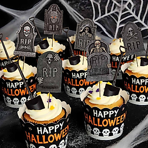 INACORN 48PCS Halloween Cupcake Toppers - Halloween Cake Decorations & Halloween Birthday Party Decorations - Graveyard Tombstone Cupcake Toppers with Novelty Mini Shovel Spoons