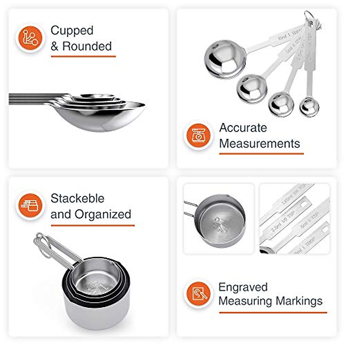 Tribal Cooking Metal Measuring Cups and Spoons Set - 8 Pieces - Professional Stainless Steel - Measuring Spoons Set - Measure Dry or Liquid Ingredients - Measuring Cups Sets for Baking and Cooking