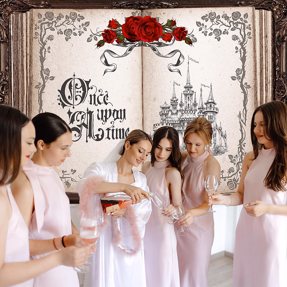 Mocsicka Once Upon a Time Backdrop Princess Castle Wedding Party Background Fairytale Book Red Roses Bridal Shower Party Cake Table Decoration Photo Booth Props (7x5ft)