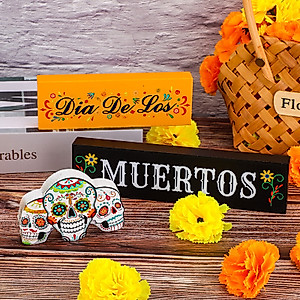 3 Pieces Day of The Dead Decorations Dia De Los Muertos Wooden Blocks Sugar Skull Wooden Sign Day of The Dead Table Centerpiece Decor for Mexican Day of The Dead Decor and Halloween Home Decorations