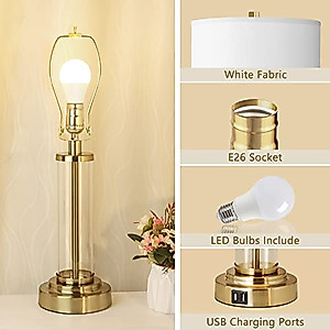 QiMH Modern Nightstand Table Lamps, Fabric Lampshade, Touch Control, 3-Way Dimmable with Dual USB Ports for Bedrooms, Bedside, Living Room, Set of 2 (LED Bulbs Included)