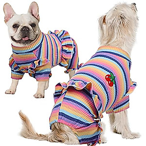 Dog Pajamas Striped Onesie, Cute Soft Pet Jumpsuit, Breathable Dog Bodysuit with Skirt, Puppy Pullover Shirt for Indoor Outdoor Use, Stretchable Outfit Sleeping Clothes for Dog Hair Shedding Cover