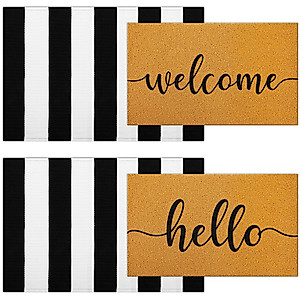 Timgle 4 Pack Welcome Mats Outdoor with Black White Striped Rug Front Door Mats with Non Slip Backing Outdoor Doormats for Shoe Scraper, Inside Outside Home High Traffic Area, Porch Decor, 30'' x 18''