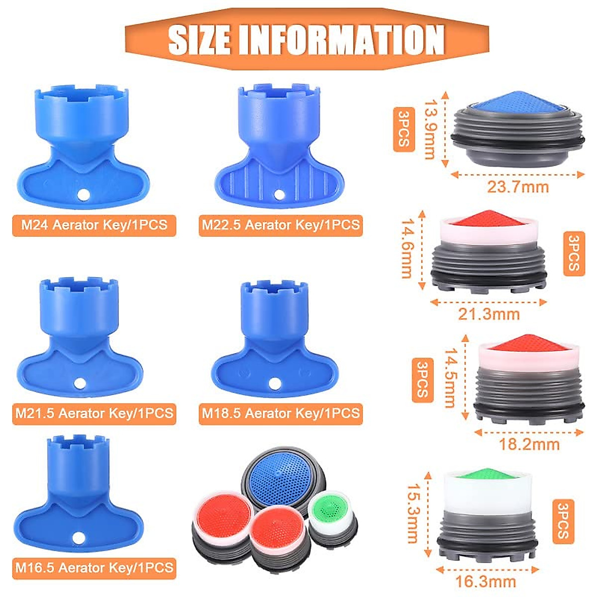 12 Pieces Faucet Aerator Replacement for Sink Aerators and 5 Pieces Faucet Aerator Key Wrenches Removal Tool M 16.5 mm 18.5 mm 21.5 mm 24 mm Tap Aerators Flow Restrictor for Bathroom Kitchen