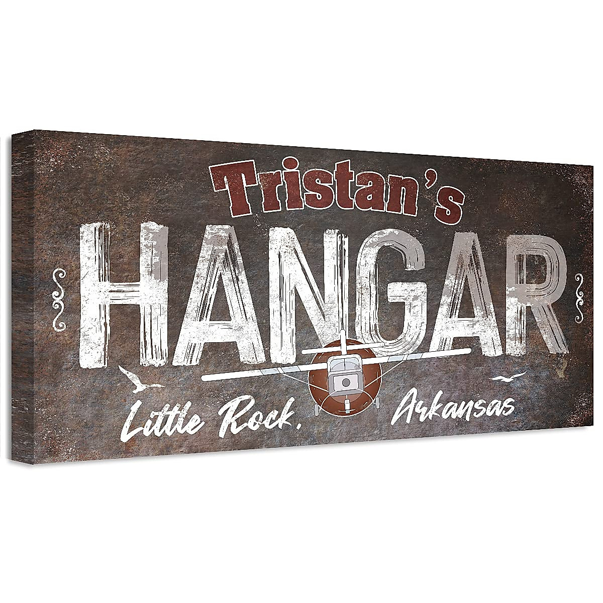 Personalized Hangar Airplane Print - Custom Print with Name and City State, Pilot Name Print and Aviation Sign, Antique Airplane Decor and Man Cave Gift, Rustic Metal Style Canvas Print 12x24