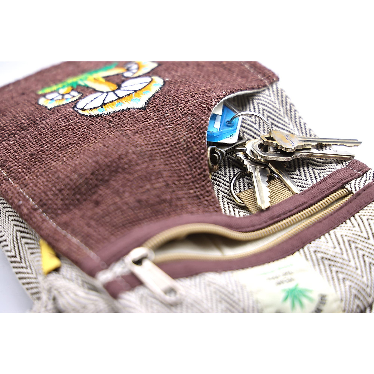 Himalaya Handmade Unique design Mushroom Embroidery Hemp Hobo Passport crossbody bag Festival Travel Bag 100% Himalaya Hemp FAIR TRADE Brown