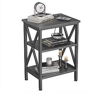 CubiCubi Oxford Side Table, Dual USB Charging Ports End Table, Nightstand Steel Frame, Home Decorative for Living Room Bedroom, Wooden Shelves and Rustic Style, Black
