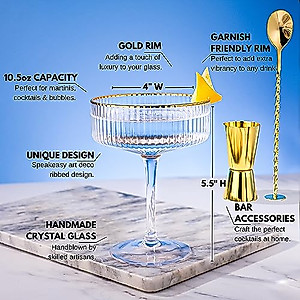 Vemacity Ribbed Coupe Glasses Set of 4 with Gold Rims, Bar Spoon & Jigger | 10oz Coupe Cocktail Glass | Vintage Champagne Coup Glasses | Ribbed Glassware | Ideal Martini Glasses | Recipe e-Book (PDF)