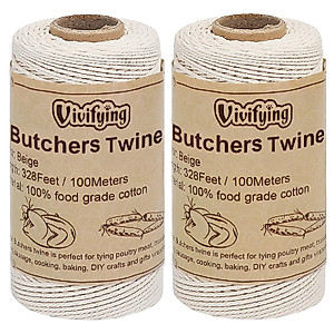 Vivifying Butchers Twine, 2pcs x 328 Feet 3Ply Cotton Bakers Twine, Food Safe Cooking String for Tying Meat, Making Sausage, Trussing Turkey, Roasting and Packing (Beige)