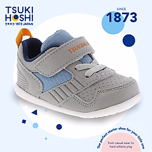 TSUKIHOSHI 2510 Racer Strap-Closure Machine-Washable Baby Sneaker Shoe with Wide Toe Box and Slip-Resistant, Non-Marking Outsole - Gray/Sea, 3.5 Infant (0-12 Months)