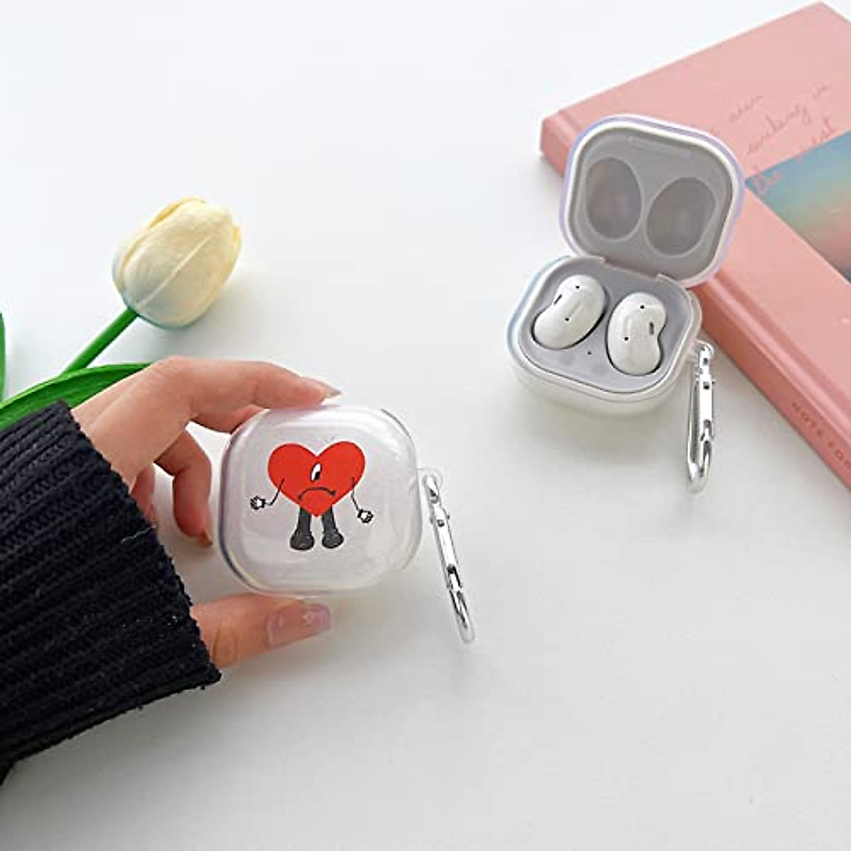 Earphone Case for Samsung Galaxy Buds Live/Buds pro/Buds 2/Buds2 pro Charging Box,Fashion Popular Cool Bad Bunny Transparent Earphone case with Hook
