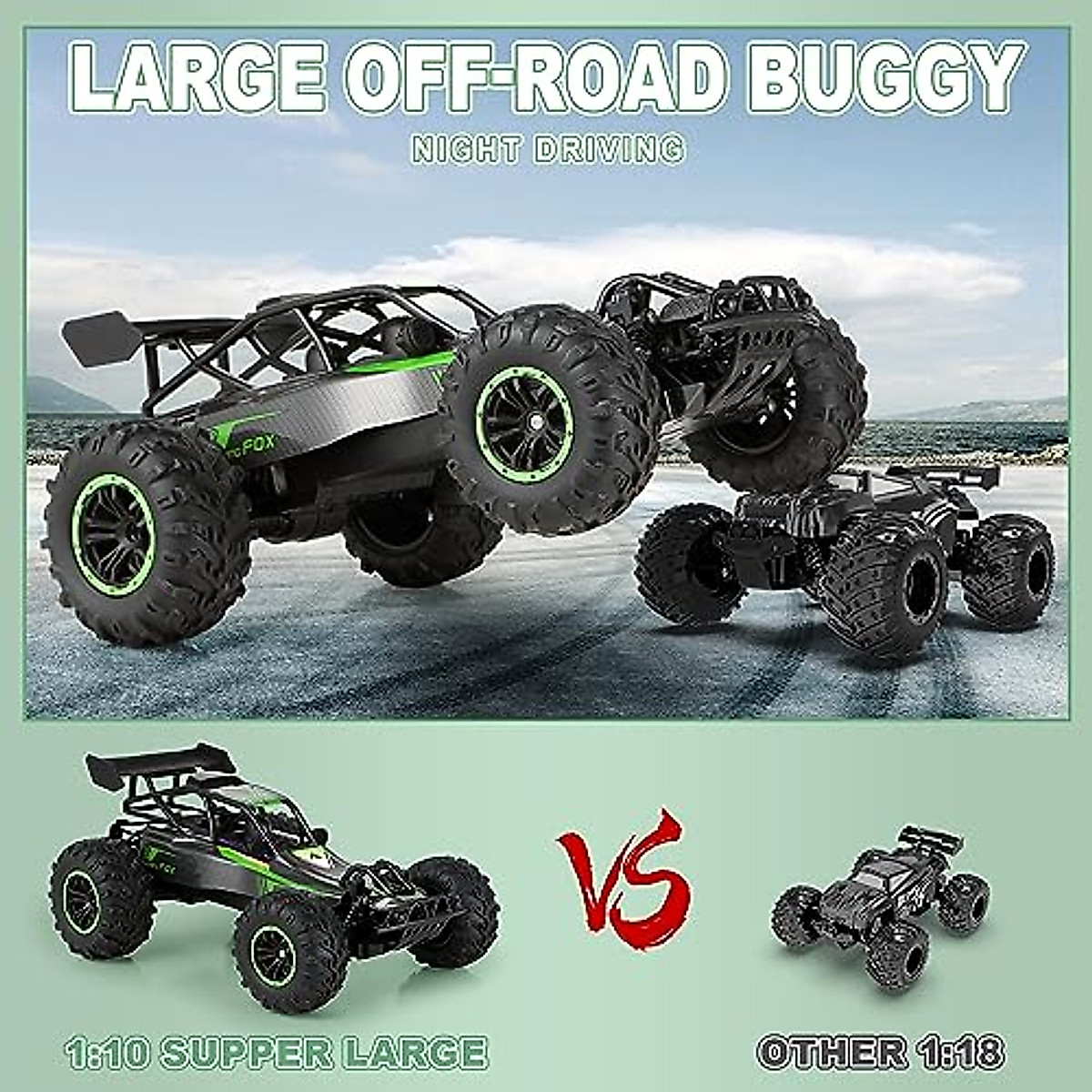 Carox Big Remote Control Car, 1:10 Scale Remote Control Buggy, Outdoor Off-Road Large RC Truck with LED Light-transmitting Shell with 2 Rechargeable Batteries, Remote Control car for Boys 5-12, OX42