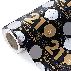 WRAPAHOLIC 21st Birthday Wrapping Paper - Mini Roll - 17 Inch x 33 Feet - Black Gold Balloon Design for Birthday, Party, Holiday