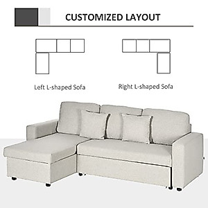 HOMCOM Sectional Sleeper Sofa, Linen Fabric L Shaped Couch with Pull Out Bed, Reversible Storage Chaise for Living Room, Apartment, 3-seat, Cream White