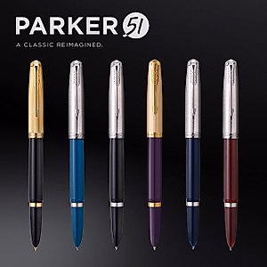 PARKER 51 Deluxe Fountain Pen | Black Barrel and Gold Attributes | Medium Nib in 18 Carat Gold | Black Ink Cartridge | Delivered in Gift Box
