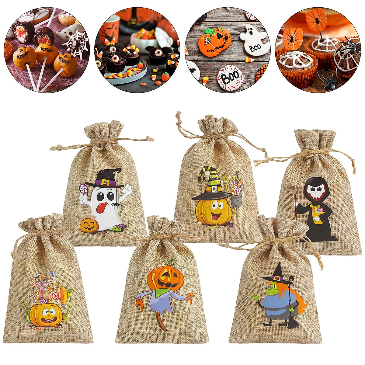 LOKIPA 36 Pcs Halloween Burlap Gift Bags with Drawstring Small Jute Pouches for Kids Adults Party Supplies