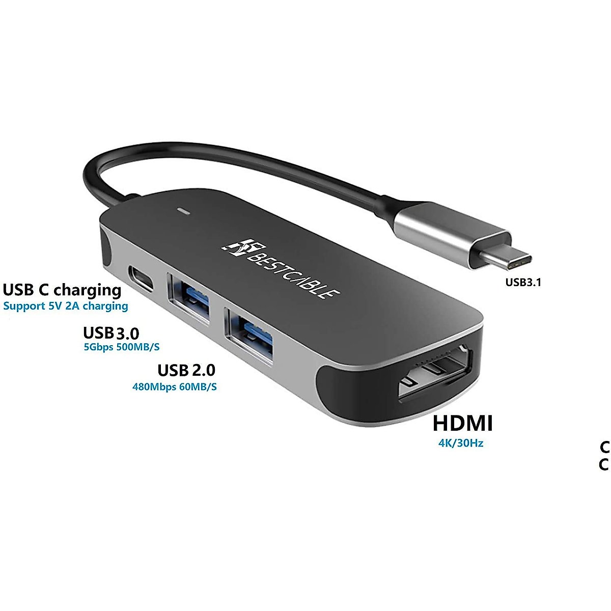 USB C Hub, BEST CABLE 4-in-1 USB C Hub Adapter - USB C to HDMI 4K@30Hz,USB C Charging Port,USB3.0, USB 2.0, Compatible with MacBook Pro/Air, Pro,Galaxy,Pixelbook and More USB C 3.1 Devices