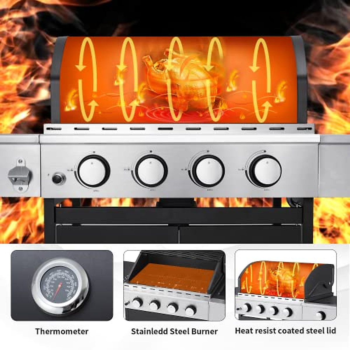 MELLCOM 4 Burner BBQ Propane Gas Grill, 36,000 BTU Stainless Steel Patio Garden Barbecue Grill with Stove and Side Table