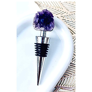 LUXE CRYSTAL CO. Natural Amethyst Teeth Raw Crystal Wine Stopper Bottle Gold Silver Handmade Wine Champagne Gifts for Her Bridal Shower Minimalist Decor (Silver)