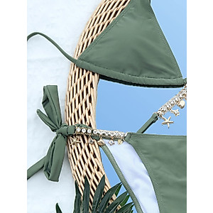 CHARTOU Women's Trendy 2 Piece Triangle Bikini Set Rhinestone Halter Bathing Suit Swimsuit (Small,Green2)