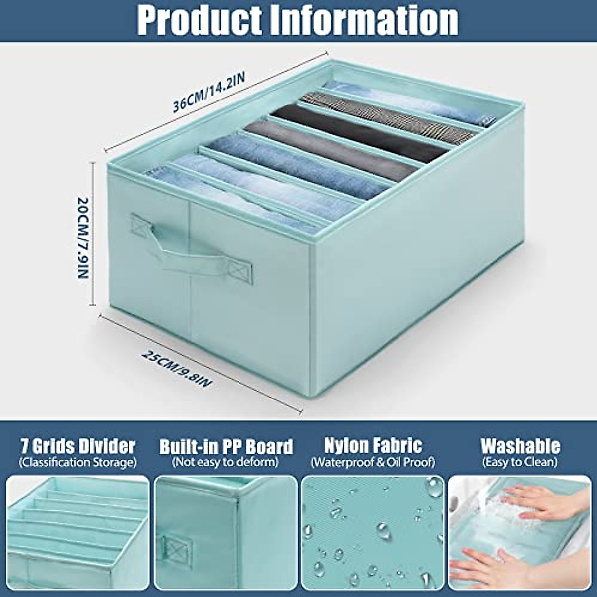 Wardrobe Clothes Organizer for Jeans Drawer Organizer for Folded Clothes with Handle Foldable Closet Organizer Storage Box for Jeans T-shirt Pants Sweater Kids Clothes Drawer Dividers 7 Grids 2PCS