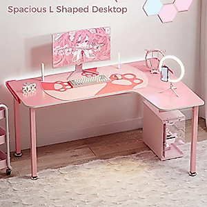 DESIGNA Pink Gaming Desk, 60 inch Pink L Shaped Gaming Desk, with Full Covered Cute Pink Desk mat for Girl Gaming Desk Pink, Easy to Assemble, Right Side