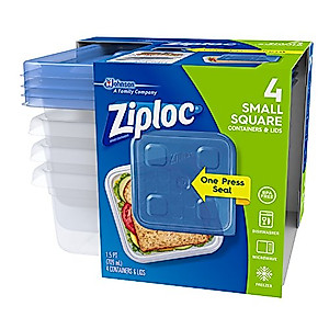 Ziploc Food Storage Meal Prep Containers with One Press Seal, for Travel and Organization, Dishwasher Safe, Small Square, 4 Count