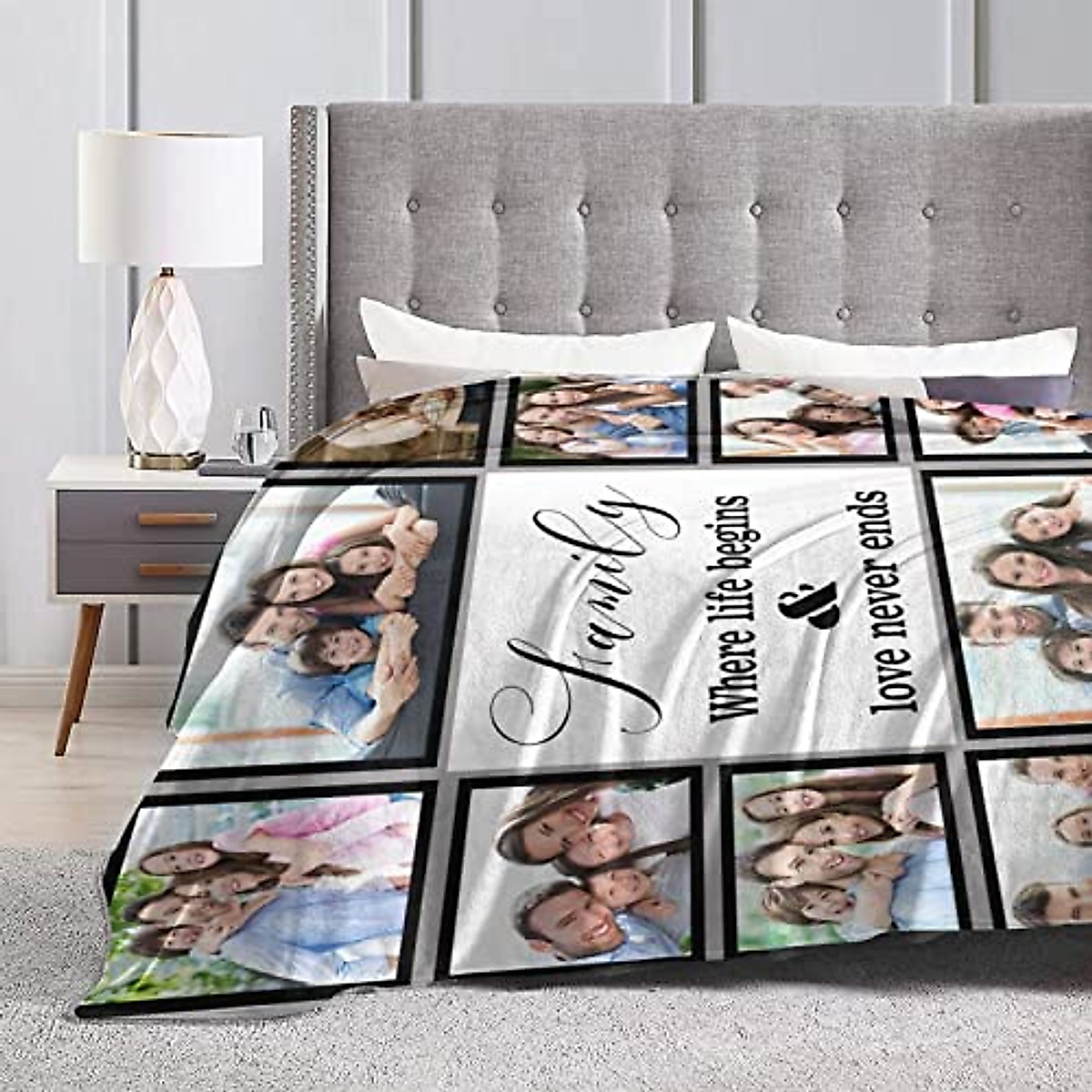 HYHSJY Personalized Blanket with Family Member Photos, add 10 Photos， Where Life Begins and Love Never Ends,Throws Fuzzy Blanket Gifts for Family Lovers Friends Couples Gifts Valentine’S Mother’S