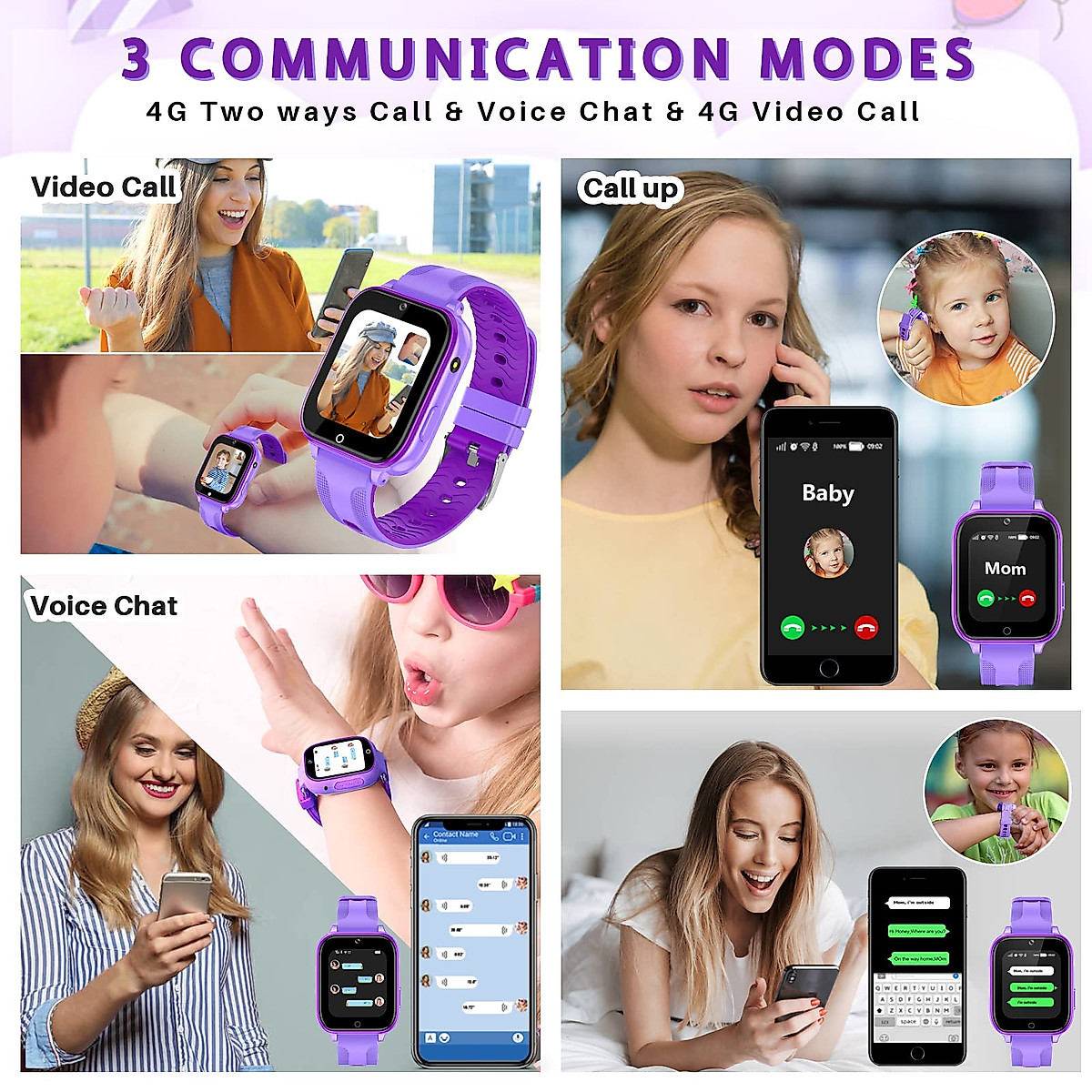 cjc 4G Kids Smart Watch with GPS Tracker and Calling, 2 Way Call SOS Kids Cell Phone Watch, Touch Screen Watch,3-15 Years Boys Girls Birthday (t10 Purple)