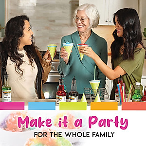 Hawaiian Shaved Ice Syrup Assortment with 10 - 16oz Bottles, 50 Snow Cone Cups, 50 Spoon Straws, and 10 Pouring Spouts. Flavors include: Tiger’s Blood, Pina Colada, Blue Raspberry, Cherry, Lemon-Lime