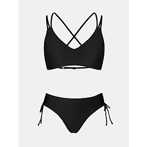 CUPSHE Women Swimsuit Bikini Set Two Piece Bathing Suit Criss Cross Back Tie Side with Double Spaghetti Straps, M Black