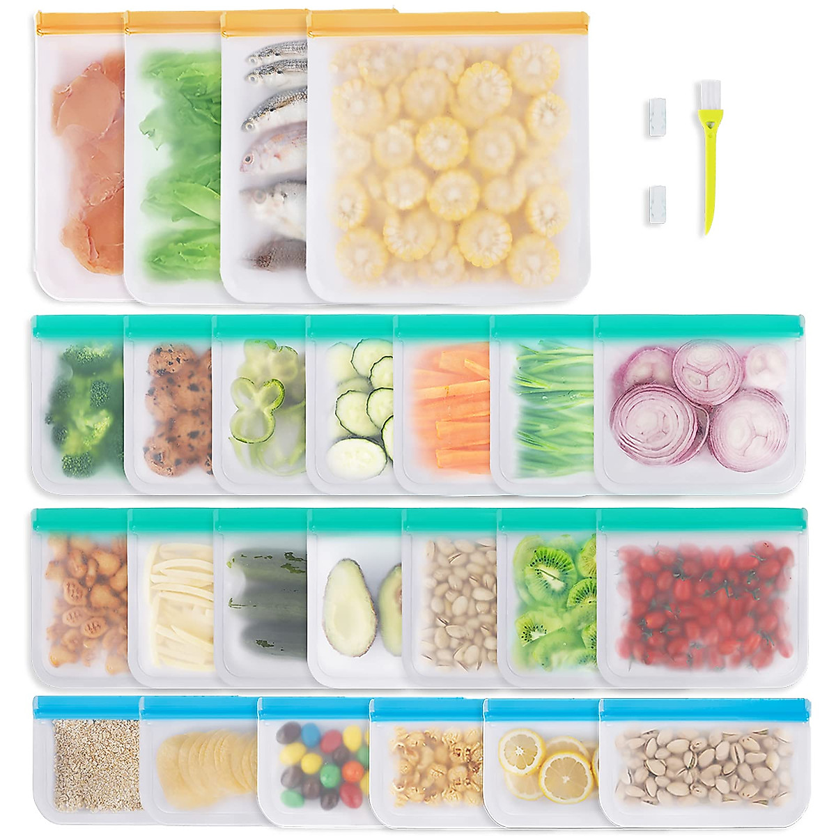 Reusable Food Storage Bags, 8 Pack Reusable Freezer Bags, 4 Leakproof Reusable Sandwich Bags, 4 Reusable Snack Bags, Silicone and Plastic Free Reusable Ziplock Bags for Veggies Fruit Meat Lunch