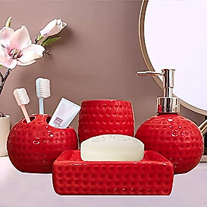 LISANEK Bathroom Accessories Set 4 Piece Ceramic Bathroom Accessories Decoration Set with Lotion Dispenser, Soap Dish,Cup,Toothbrush Holder (Red)