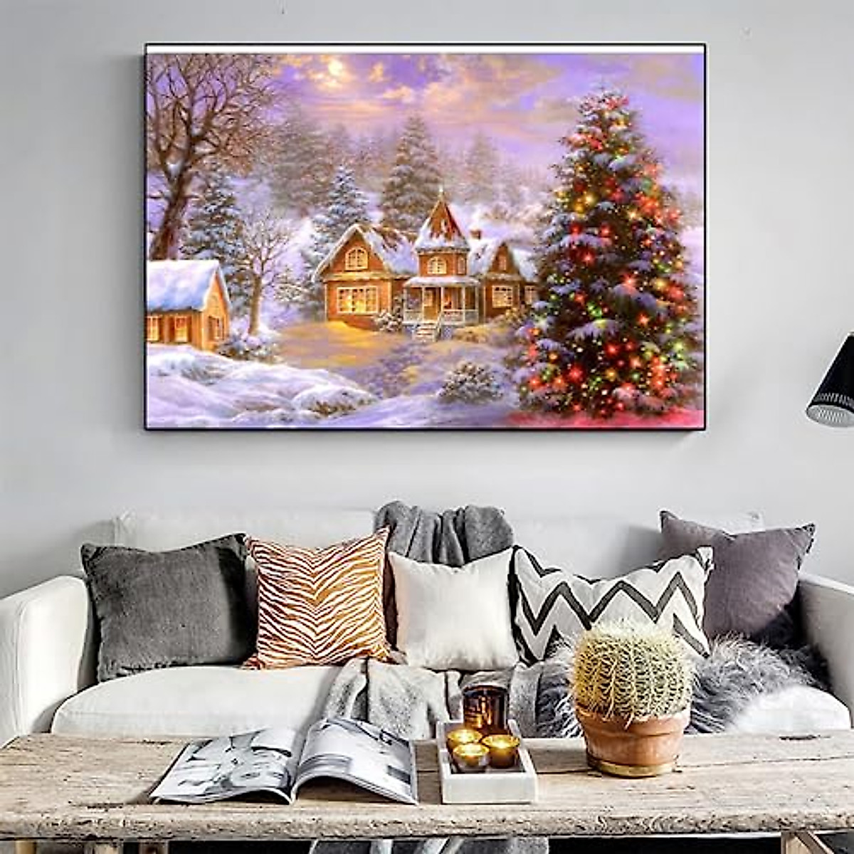 Stamped Cross Stitch Kits for Adults Beginners Snowy Christmas Tree Night Pattern 11CT Pre-Printed Fabric Embroidery Arts and Crafts Kit Needlepoint Starter DIY Wall Decor, 12 x 16 inch
