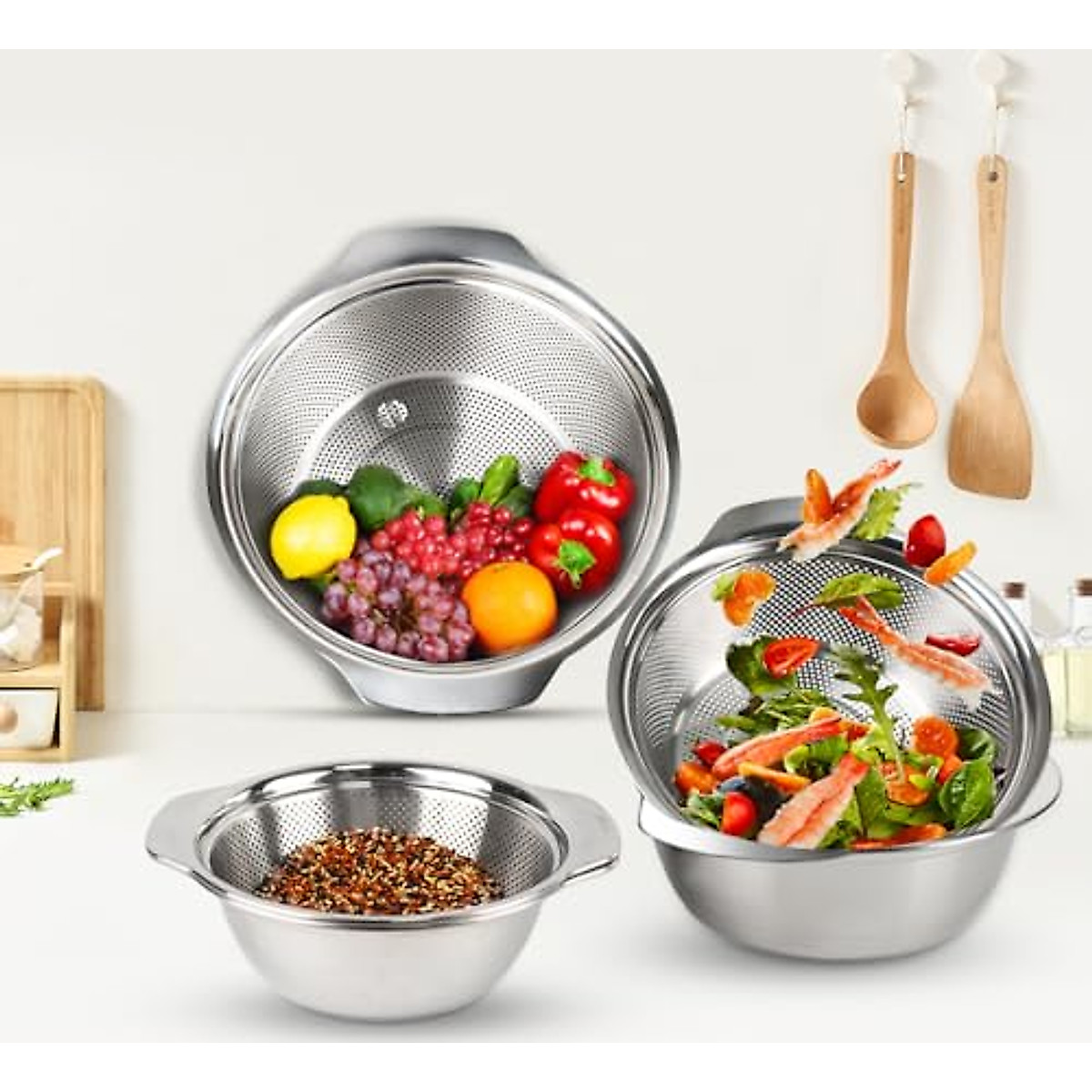 304 Stainless Steel Colander With Handle, 2-Quart Micro-Perforated Strainer Colander Set with Mixing Bowl, BPA Free, Great for Draining Cooked Pasta, Noodles,Washing Vegetables, Fruits(2PC)