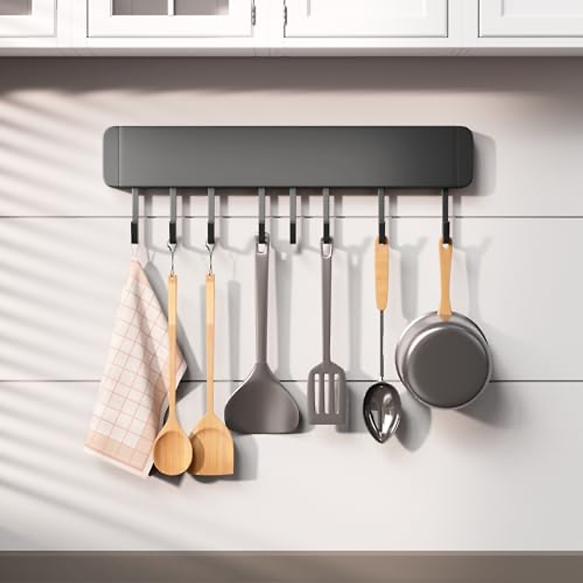 Galetcy Kitchen Utensil Hanger - 1 Pcs Wall Mounted Hooks, No Drilling Removable and Adjustable Hooks Kitchen Rail with 8 Hooks for Hanging Cooking Utensils, Mugs, Spoons