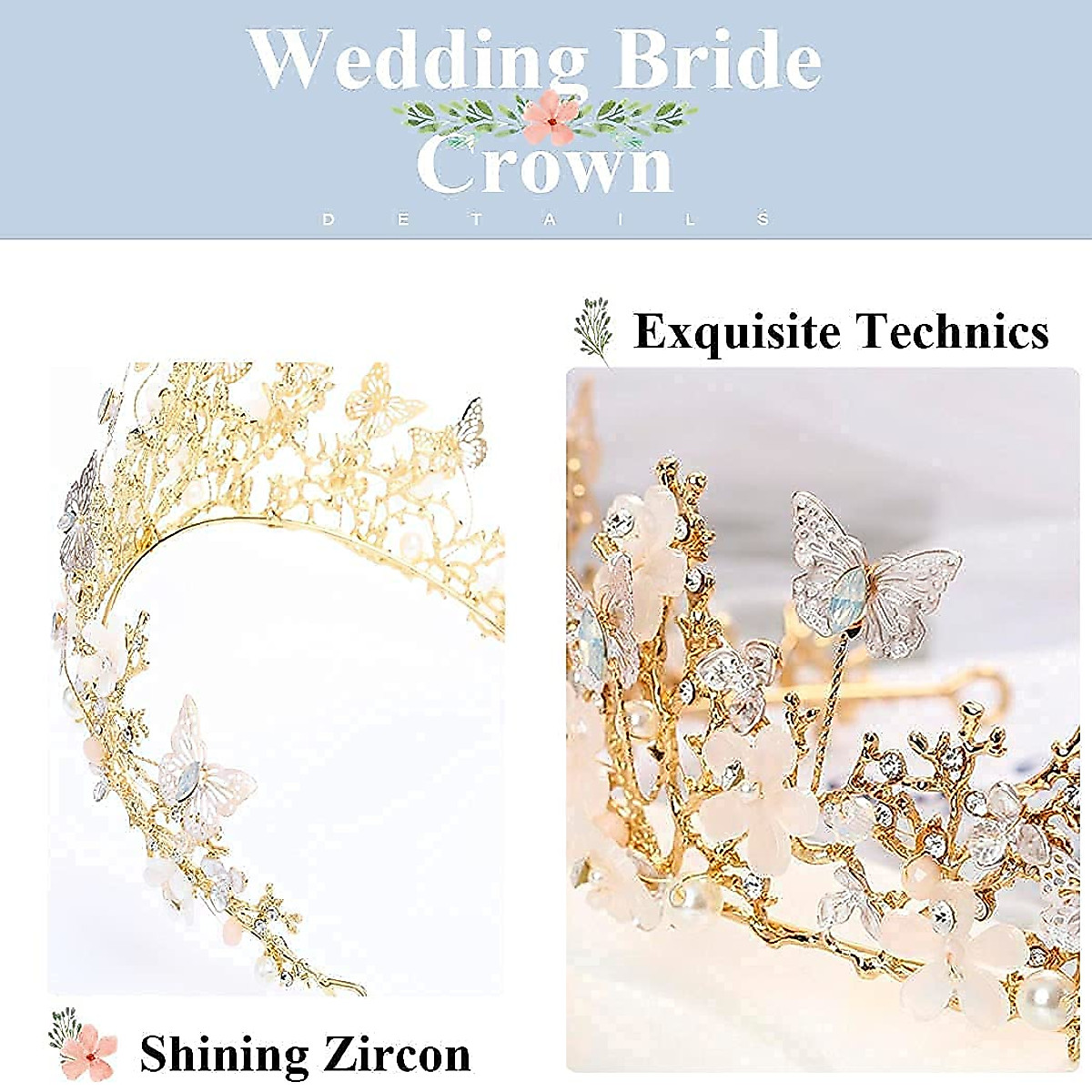 Kilshye Queen Crown Gold Tiaras and Crowns Butterfly Rhinestone Tiara Vintage Bridal Wedding Crown Pageant Costmue Prom Headpiece for Women and Girls (Gold)