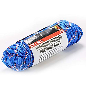 Wellmax Diamond Braid Nylon Rope - 3/8 Inch by 50 Feet Blue Color - Extra Strength, Sunlight and Weather Resistant - Heavy Duty Construction