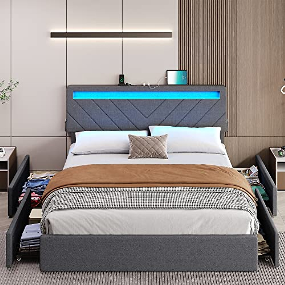 Tiptiper Full Size Bed Frame with LED Headboard, 2 USB Charging Station, Platform Bed Frame with Storage Drawers, No Box Spring Needed, Easy Assembly, Dark Grey