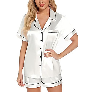 Satin Pajamas Women’s Short Sleeve Sleepwear Silk Soft Button Down Loungewear Pjs Set White M