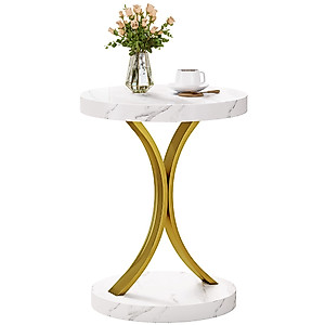 YITAHOME Round End Tables, Modern Gold Round Side Table with Faux Marble Top and Gold Metal Frame, Small End Table Accent Table Nightstand for Living Room Bedroom, Faux Marble White